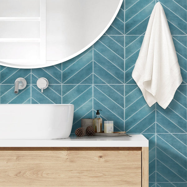 Peel & Stick Chevron Vinyl Wall Tile | Blue with Light Grey Grout ...