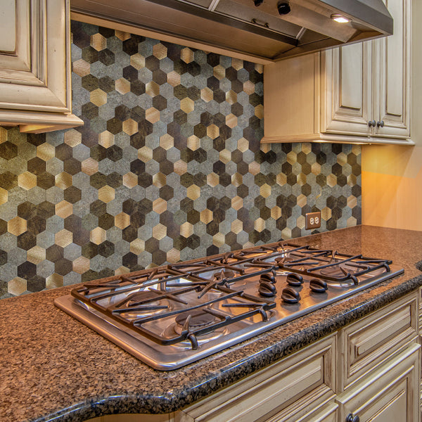 Stone & Metal Hexagon Mocha | Self-adhesive Composite Tiles | Vinyl Home